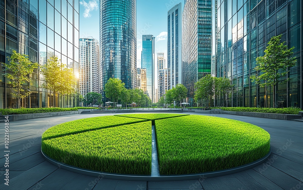 Grass pie chart in the heart of a modern city, representing sustainable ...