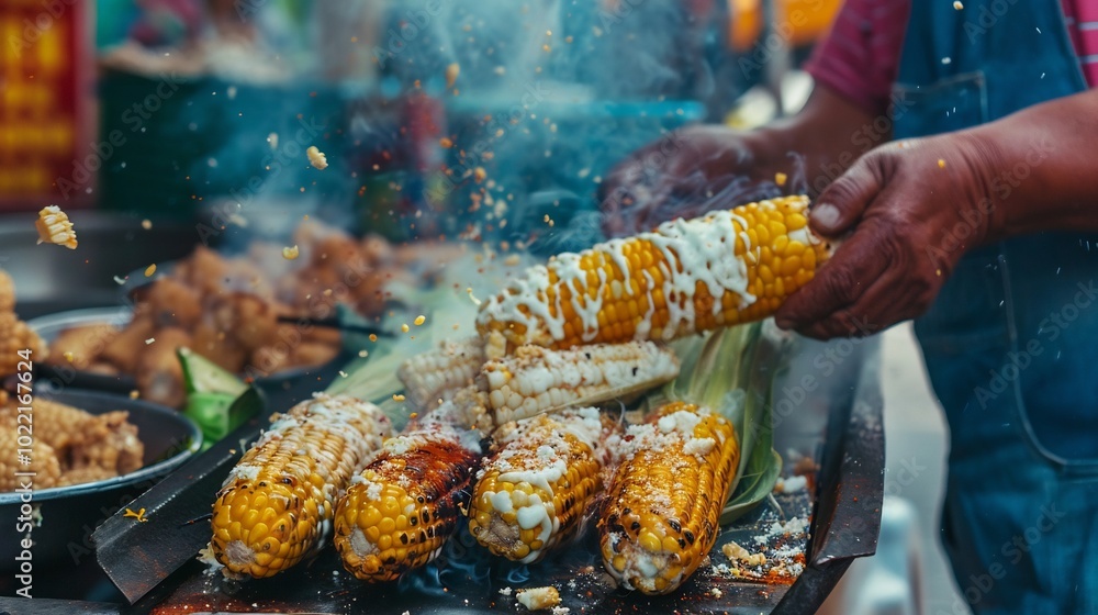 Mexican street food vendor selling elotes grilled corn on the cob ...