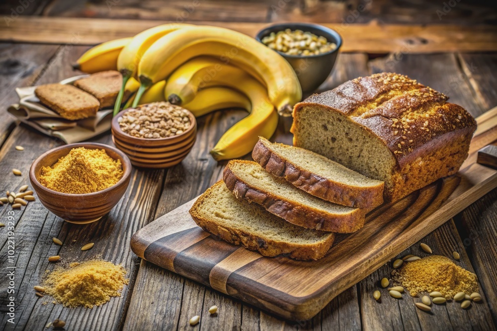 Freshly sliced whole grain bread, ripe brown bananas, and open packets ...