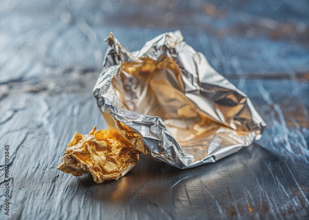 Crumpled aluminum foil wrapper abandoned on a flat surface, torn and ...