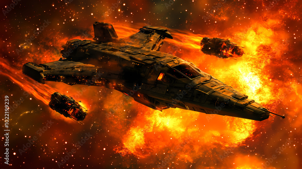 Epic space battle scene, futuristic spaceship in fiery combat ...