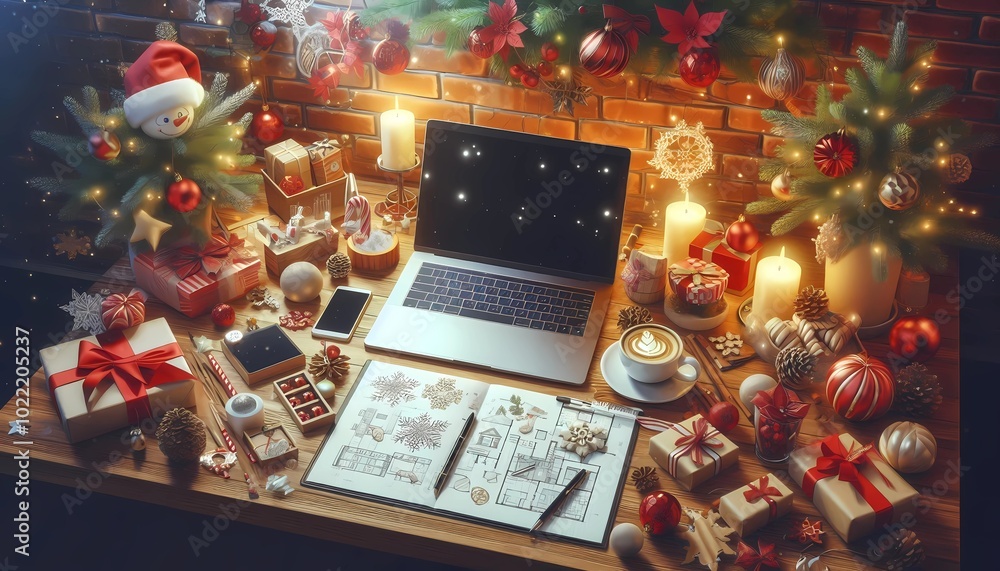 Illustration Stock Christmas card. office desk with laptop and ...