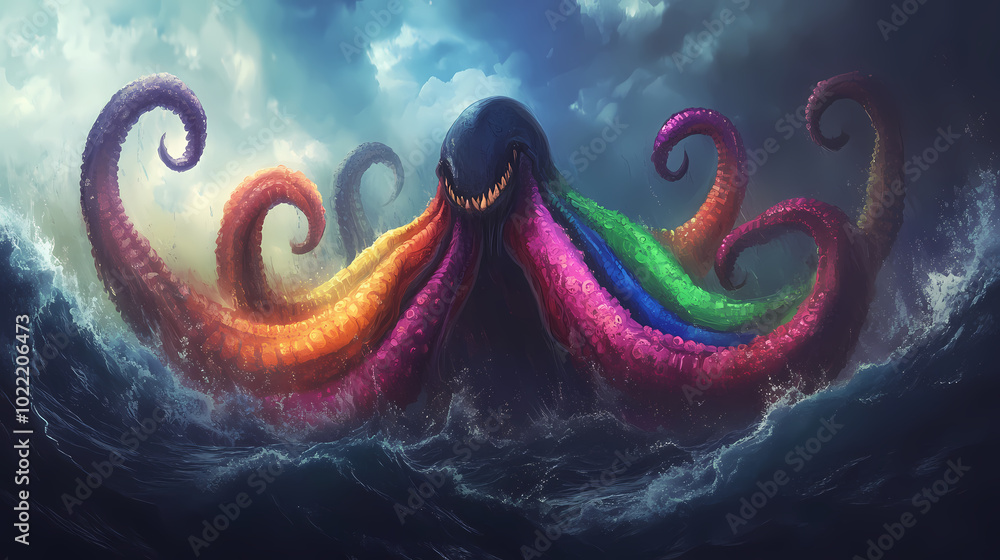 Lgbt kraken focus on a kraken with rainbow tentacles emerging from the ocean with a stormy sea ...