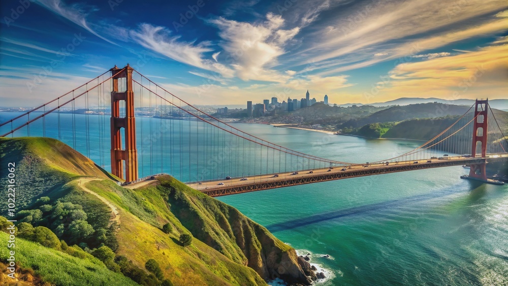 Iconic suspension bridge spans tranquil blue waters, majestic towers ...