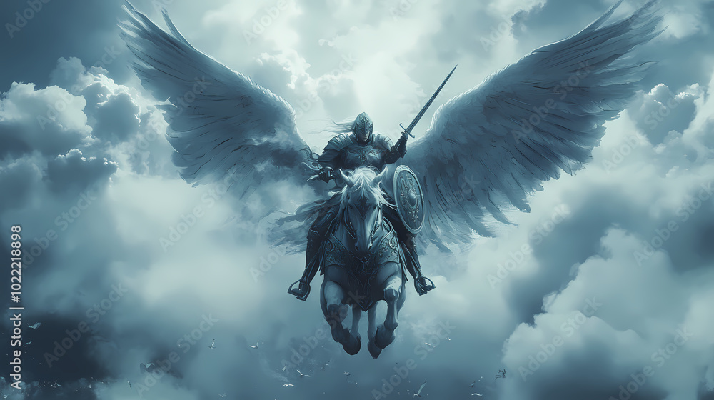 Mighty and majestic valkyrie warrior riding winged steed in dramatic ...