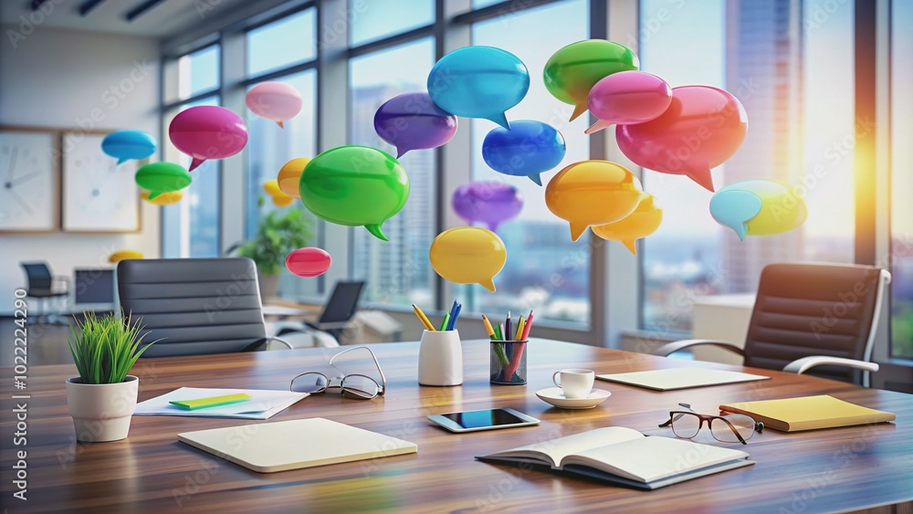 Colorful 3D speech bubbles and icons hover above a desk with papers and ...