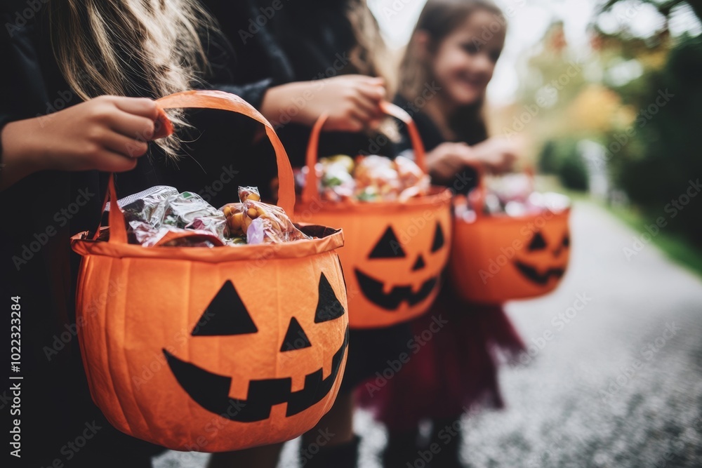 Children joyfully trick-or-treating with orange jack-o-lantern candy ...