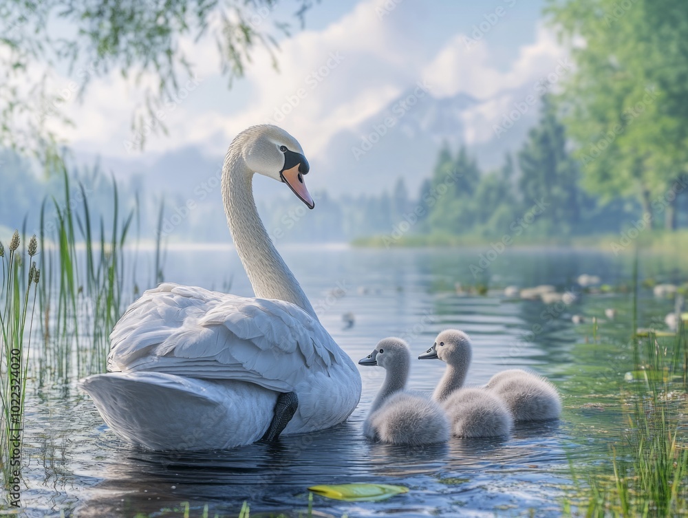 Serene Moment of a Mother Swan Guiding Cygnets in Ultra Realistic ...