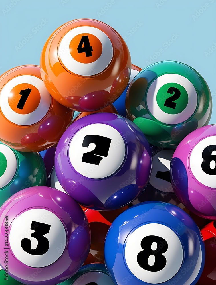 pile of lottery balls in various colors. Numerous numbered bingo balls ...