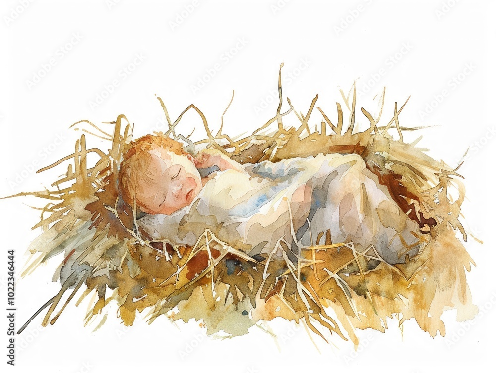 Watercolor clipart of the baby Jesus in a manger surrounded by soft hay ...