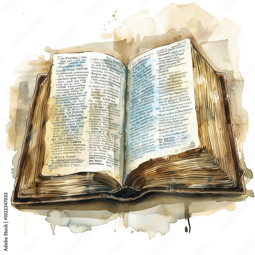 Watercolor illustration of a Bible open to a page with a visible psalm ...