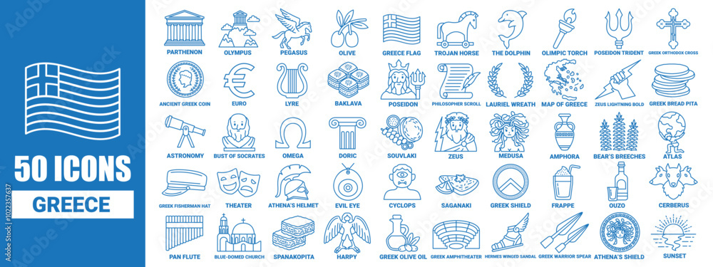 50 icon collection of greece in line design style with names in every ...