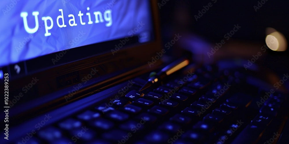 Close-up of a computer screen displaying a software update progress bar with the word "Updating ...