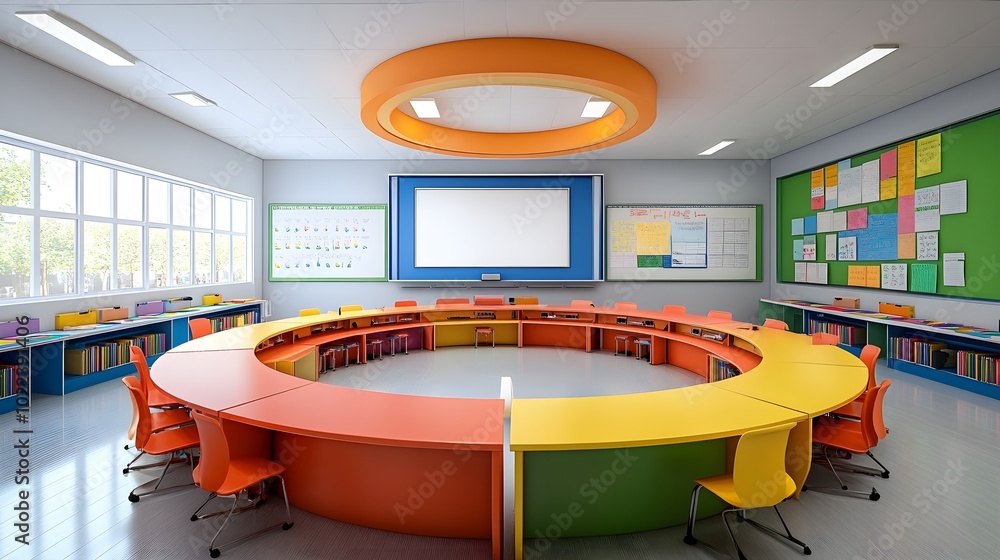 Innovative classroom design, desks forming a ring around a central ...