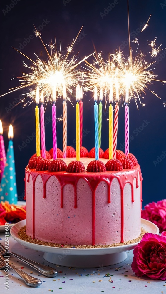 Bright birthday cake with sparklers and candles background for ...
