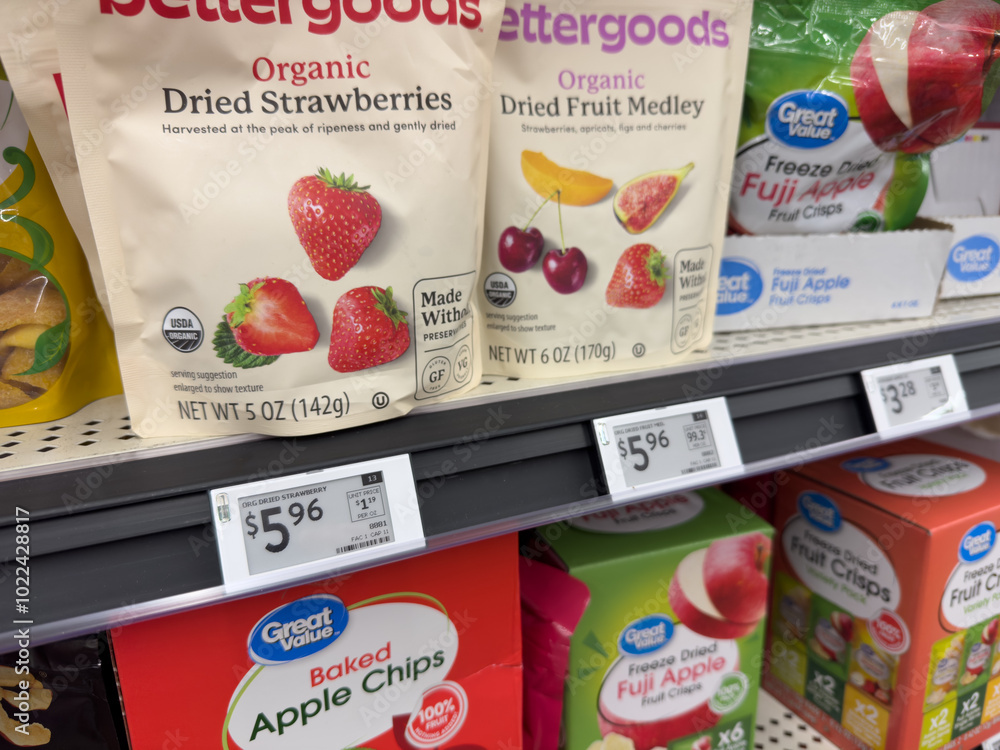 Walmart grocery store merchandise with digital LED price tags. Stock ...