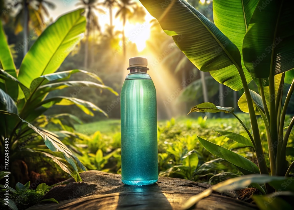 Low Light Photography of a 600 ml Aqua Bottle Under a Banana Tree Stock ...