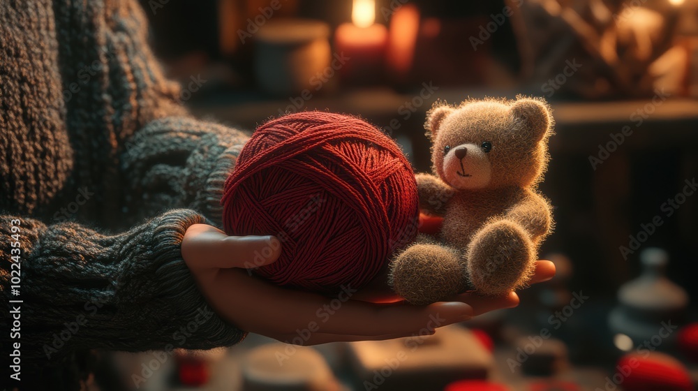 yarn, ball of thread, teddy in the hand. highest detail, isometric view ...