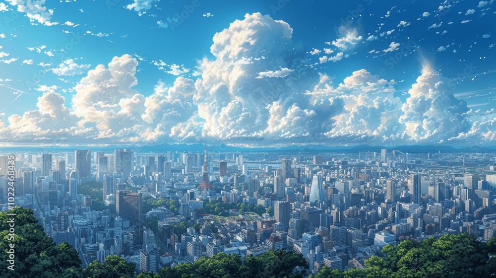 anime cityscape of tokyo skyline with skyscrapers and blue sky in ...