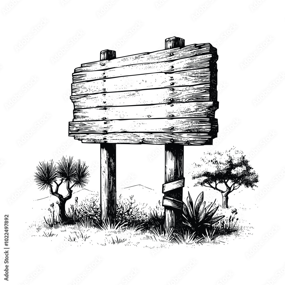 Wooden billboard vector sketch illustration, black and white drawing ...