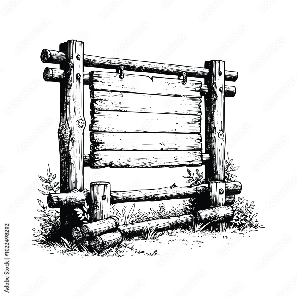 Wooden billboard vector sketch illustration, black and white drawing ...