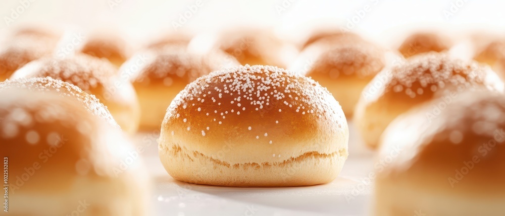 Freshly baked buns moving through a cooling tunnel, bakery process ...
