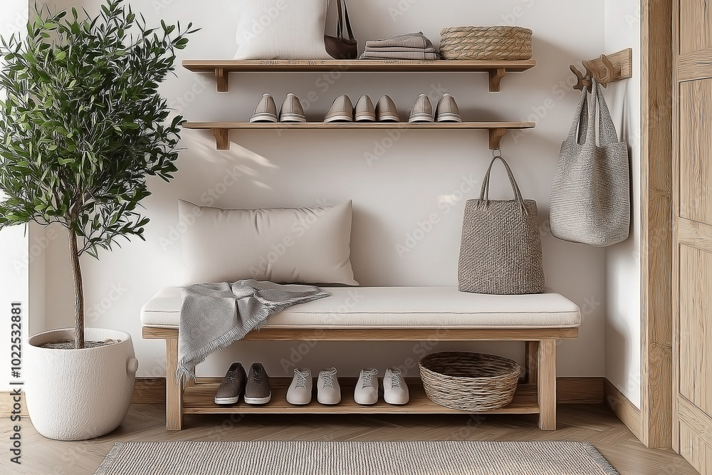 entryway interior design, Japanese-Scandinavian fusion style. Light ...