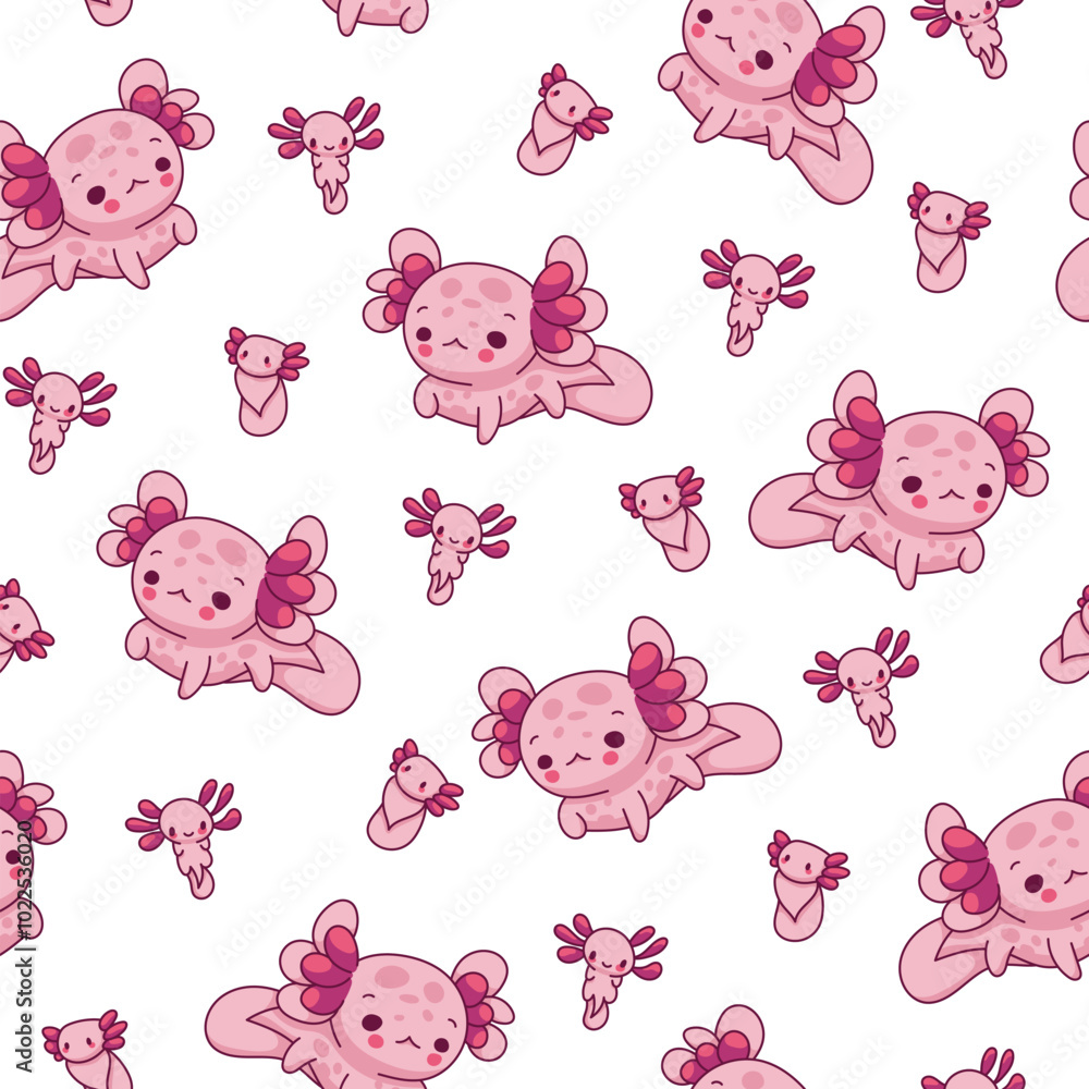 Cute axolotl character. Seamless pattern. Kawaii ambystoma amphibian ...