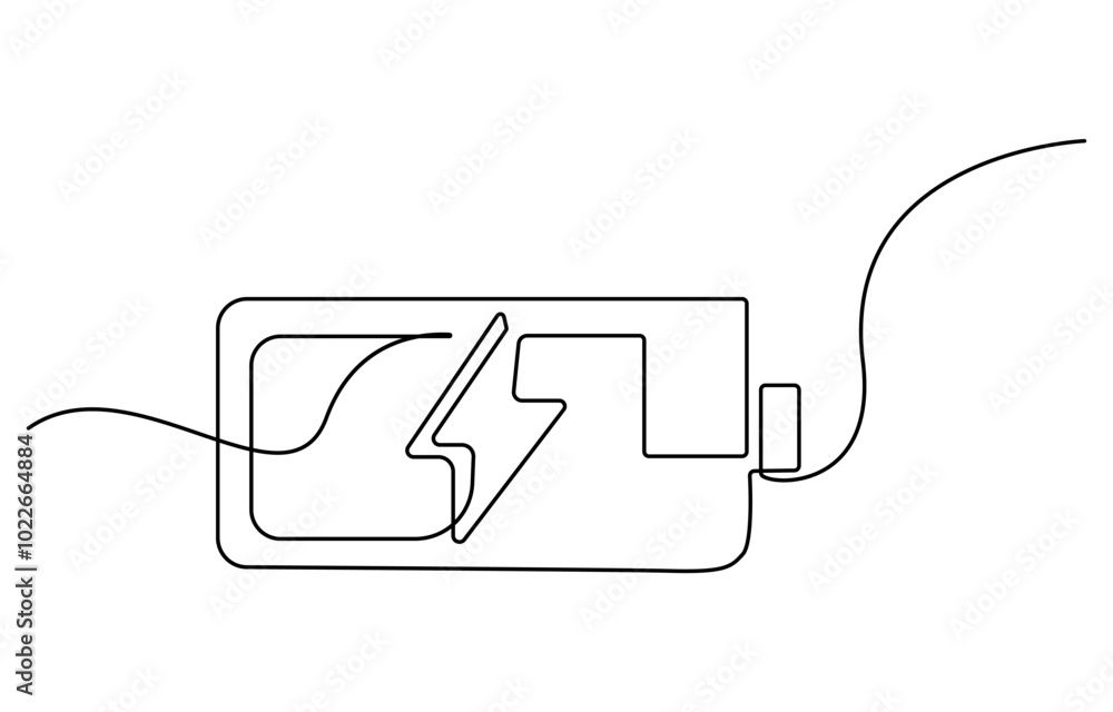 One continuous line drawing of battery charging. Lightning bolt symbol ...