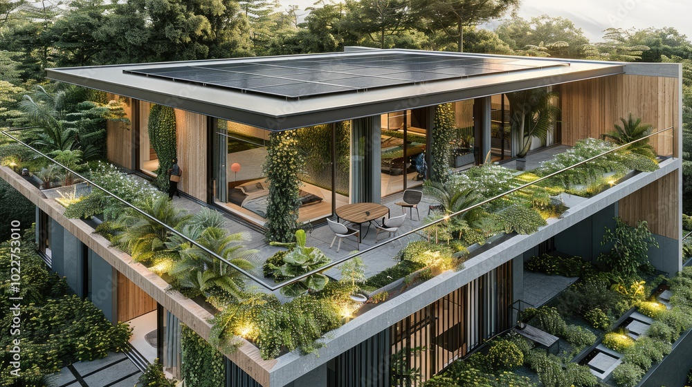 Solar panels seamlessly integrated into the rooftop of a luxury eco ...