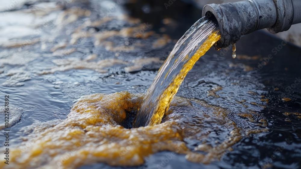 Close-up of yellowish liquid pouring from a pipe into a puddle ...