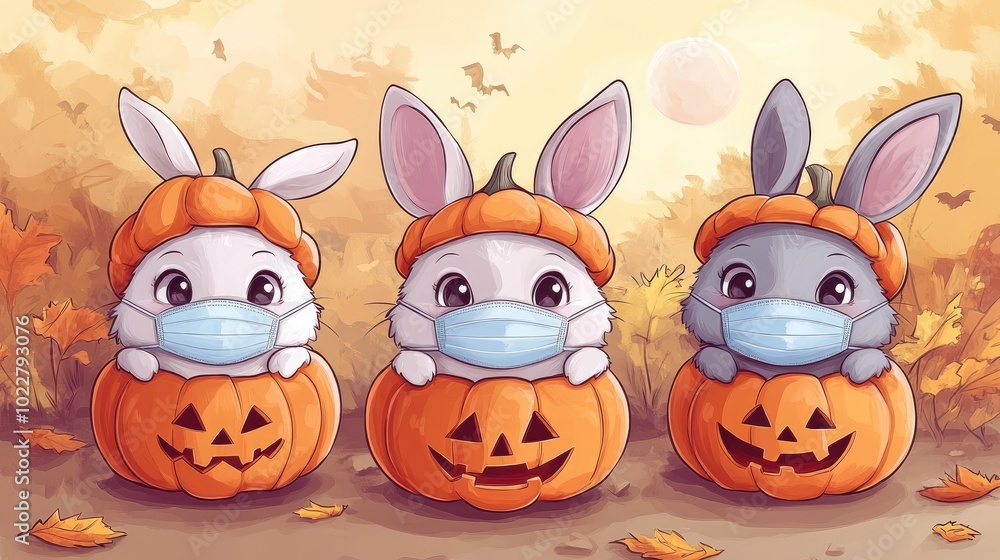 Charming 2D cartoon of three cute rabbits in pumpkin hats demonstrating ...