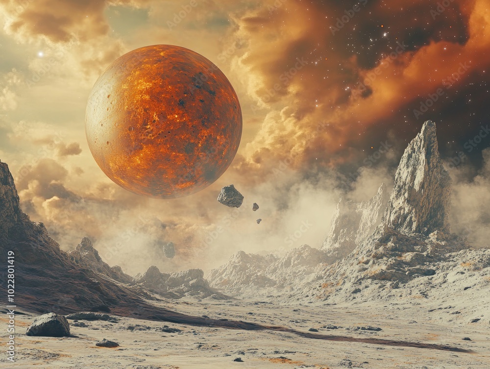 Alien fantasy landscape featuring a space backdrop with rocky craters ...