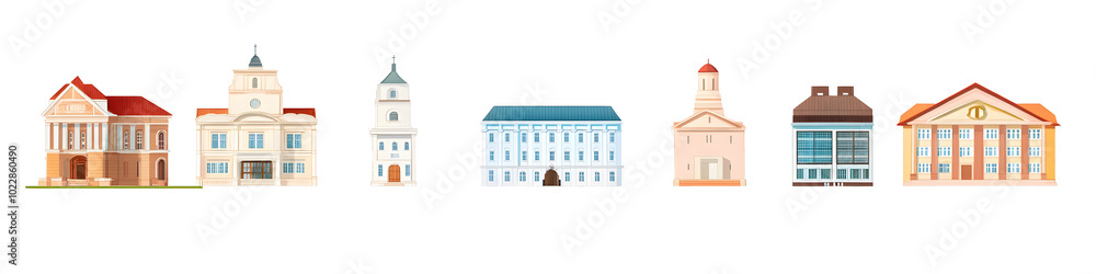 City building illustrations set. Exterior facades of university ...