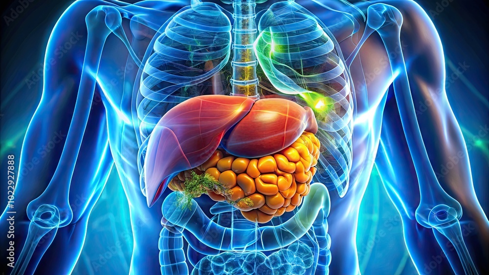 Medical illustration of cirrhosis with ascites highlighting liver ...