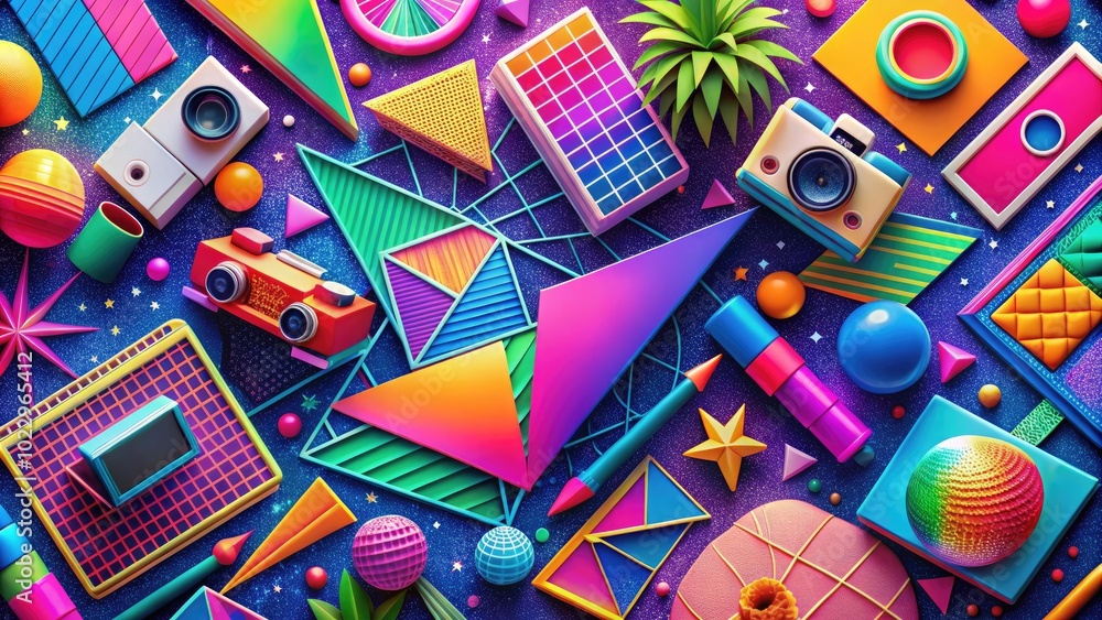 Retro 80s Clip Art Collection Featuring Bright Colors, Geometric Shapes ...