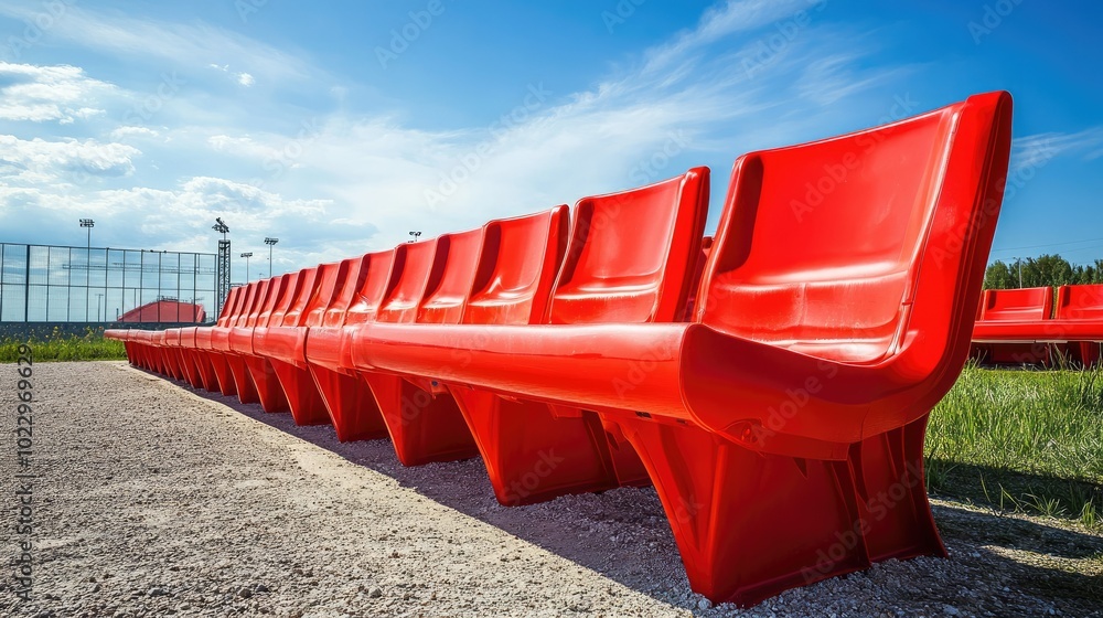 Red plastic stadium seats seen from the side, showing alignment and ...
