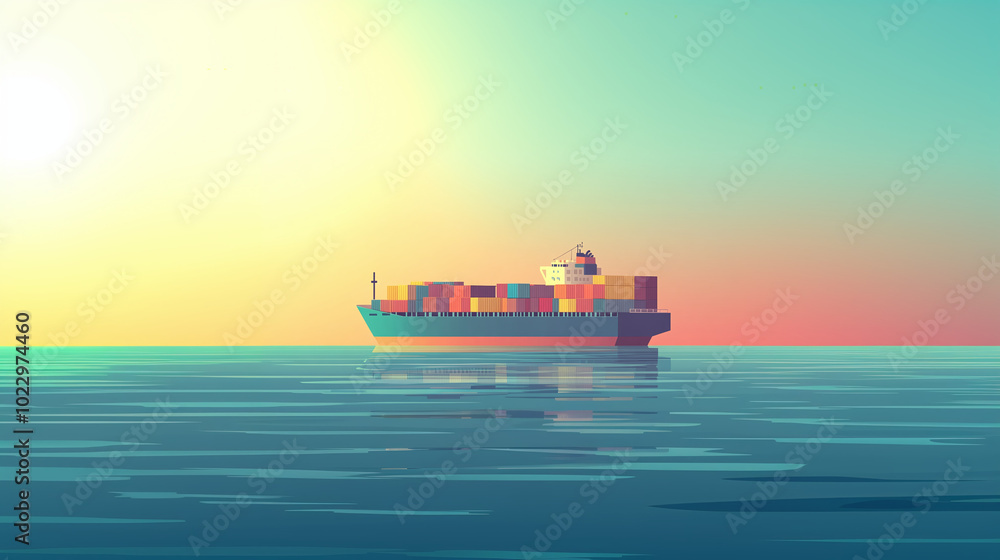 panorama of a large cargo ship in the sea 2d illustration shape side ...
