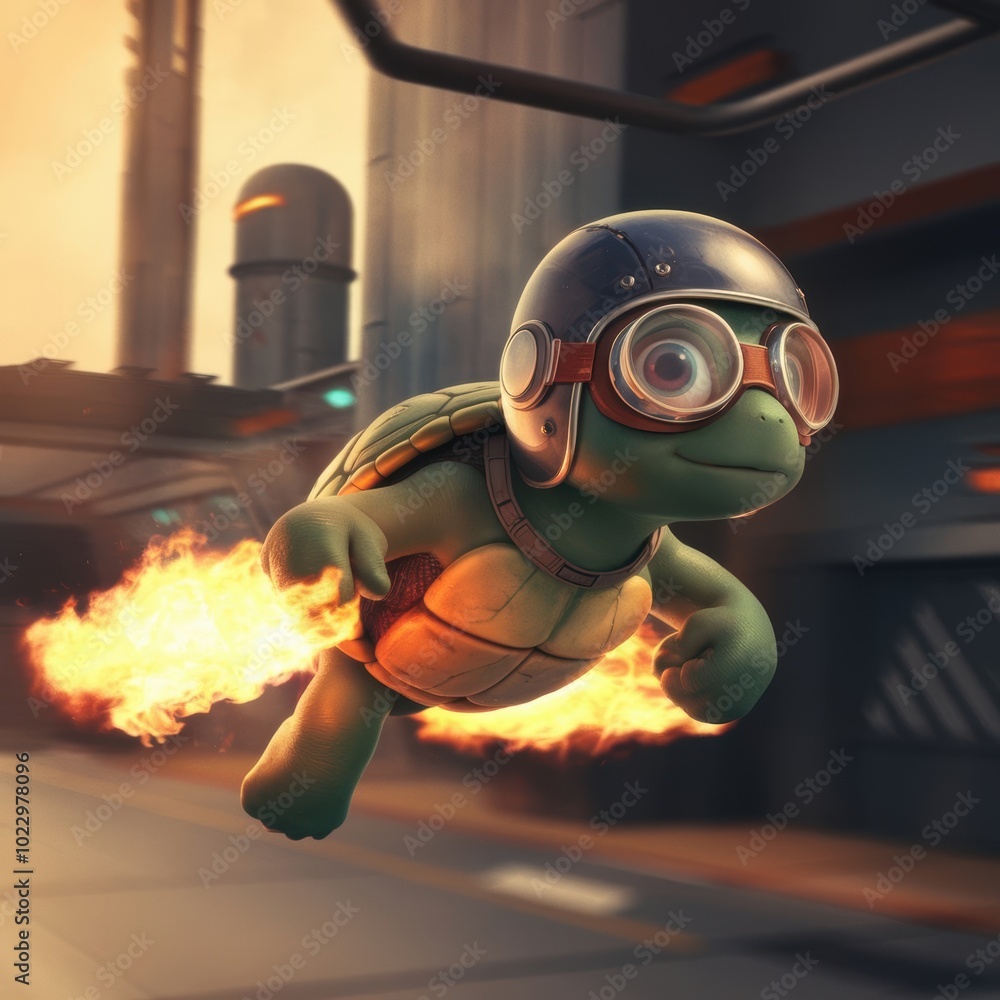 cute flying turtle with fire in a sci-fi setting. The turtle is wearing ...