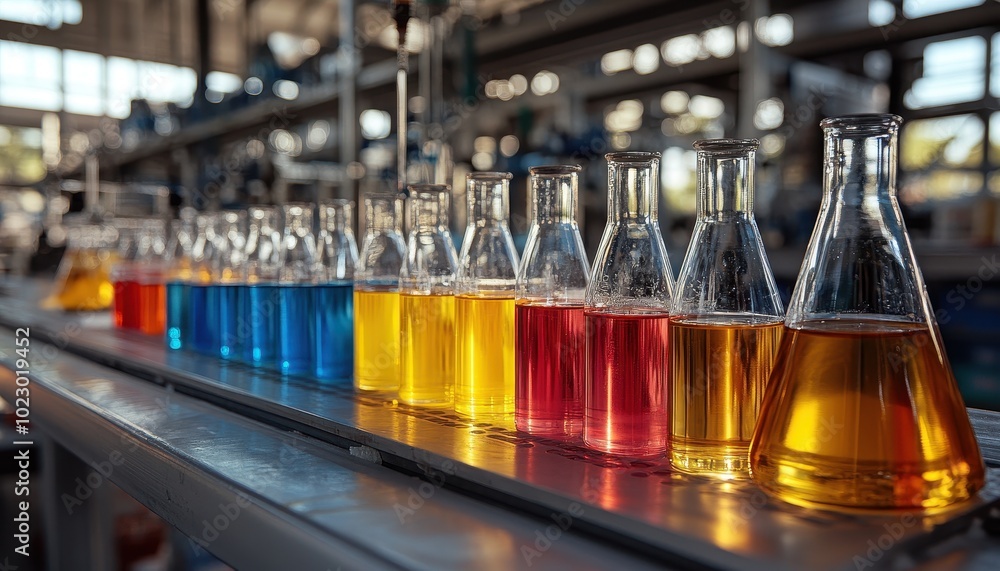 Chemical indicators displaying various pH levels in laboratory ...