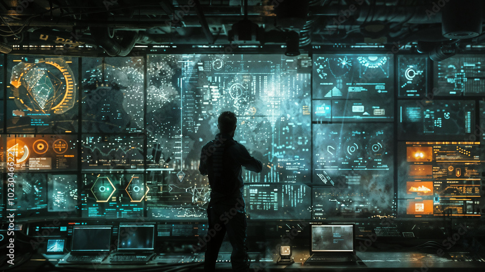 Holographic command hub for space exploration. Astronaut interacts with ...