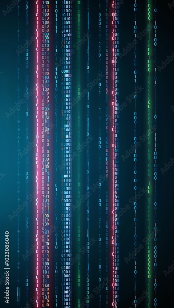 Abstract binary code streams on dark gradient background for invitation or card screensaver ...