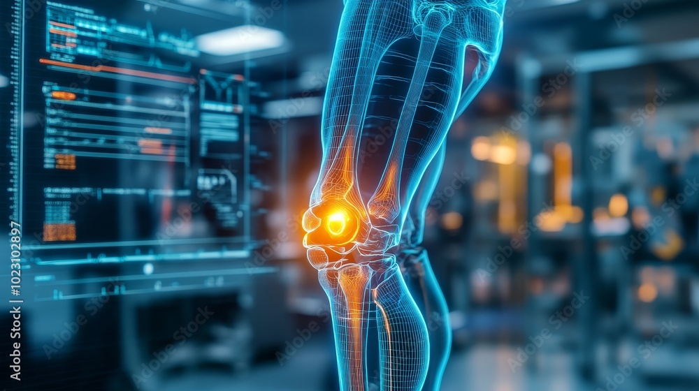 A detailed sci-fi medical hologram of a skeleton's knee injury, showing ...
