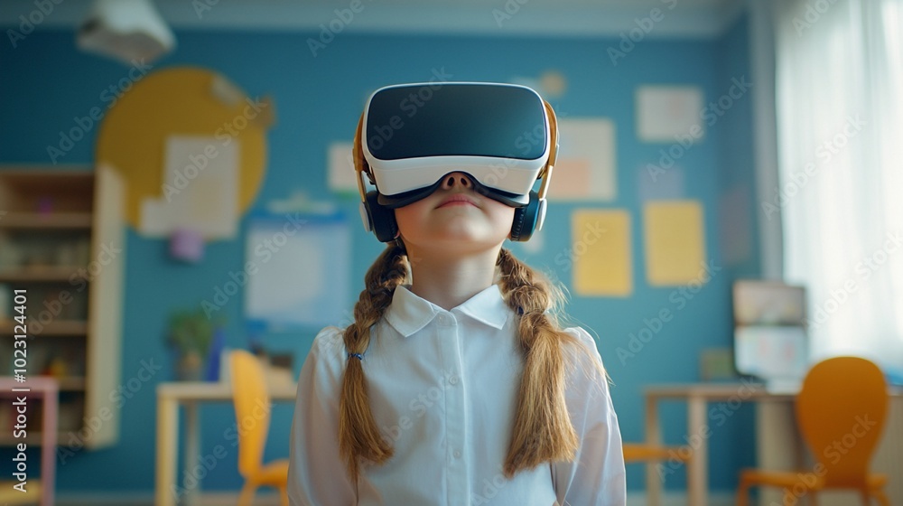 Young student exploring virtual reality in a colorful classroom ...