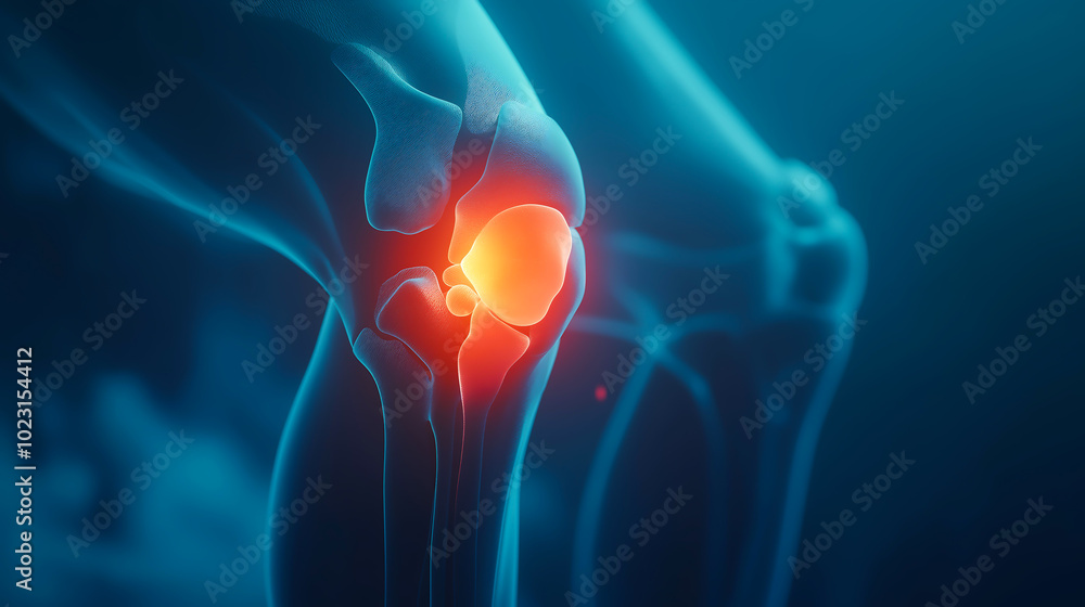 A patient legs with glowing red focusing on the knee area of discomfort ...
