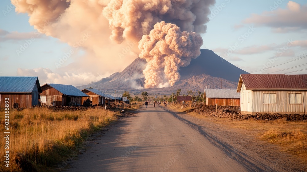 A stunning volcanic eruption with ash plume rises as villagers proceed ...