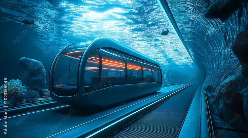 A modern bus driving through an underwater tunnel, A futuristic bus in ...
