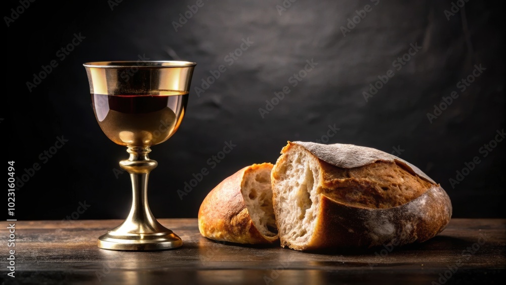Symbolic communion wine and bread on black background, communion ...