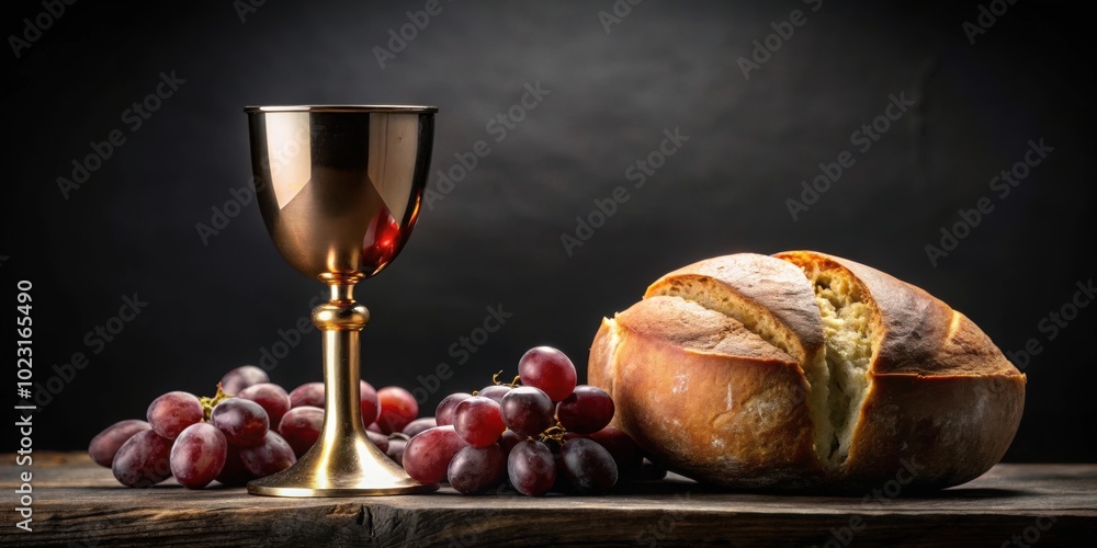 Symbols of communion, wine and bread, on a black background, communion ...