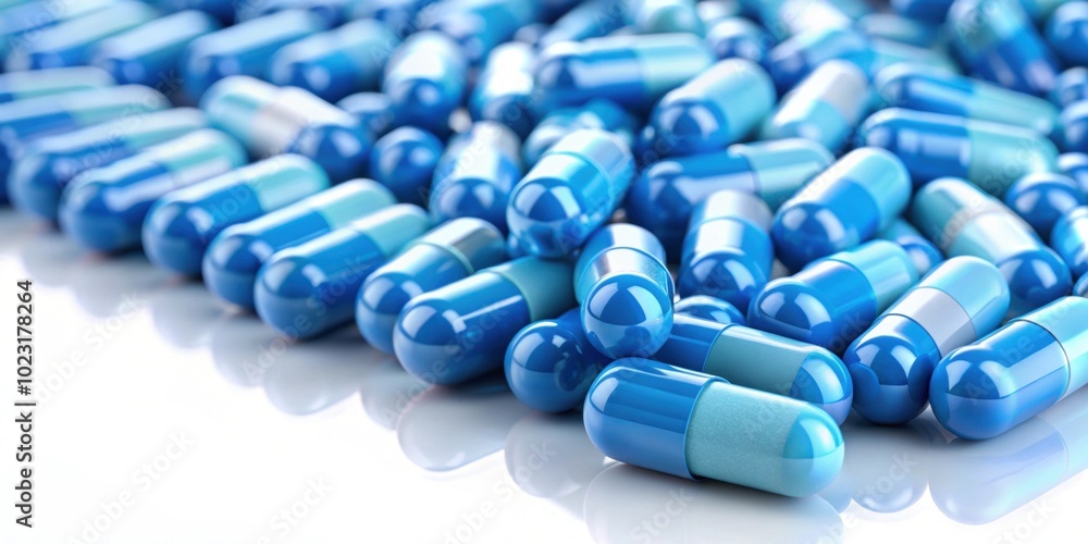 Stream of blue capsules symbolizing overdose concept in pharmaceutical ...